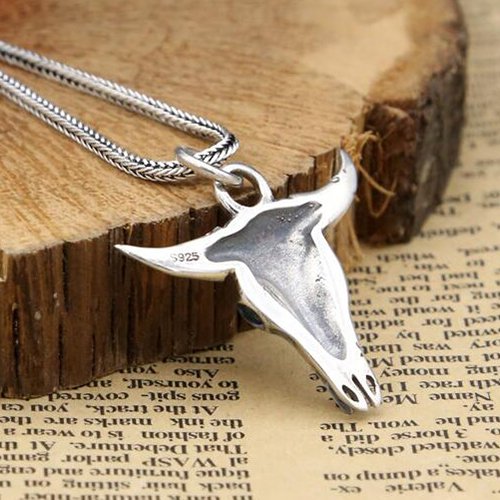 Men's Sterling Silver Bull Skull Necklace - Jewelry1000.com