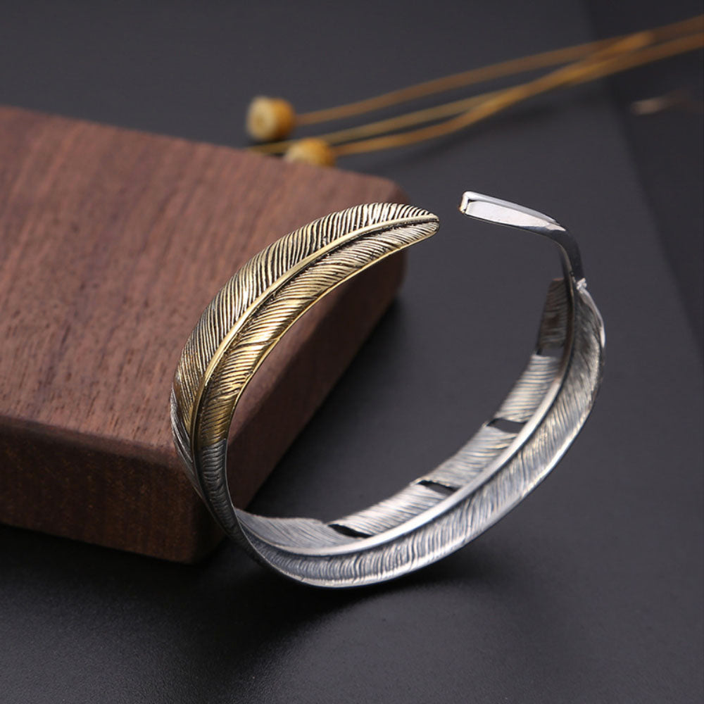 Men's Sterling Silver Two-Tone Feather Cuff Bracelet - Jewelry1000.com