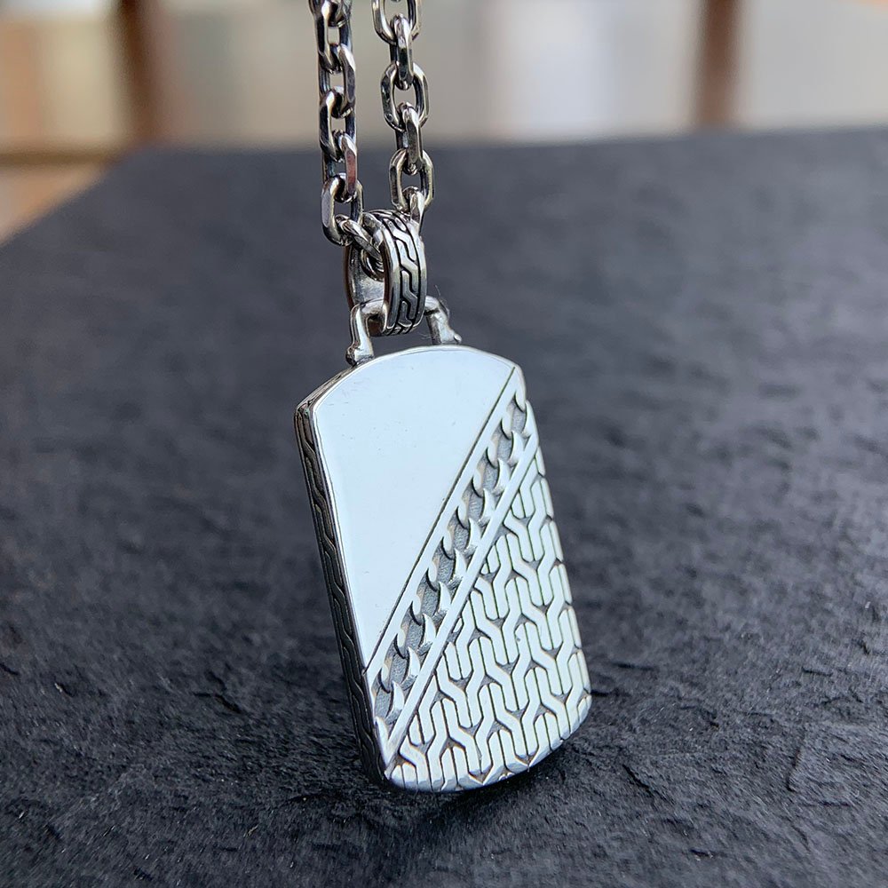 Men's Sterling Silver Chain Pattern Tag Necklace - Jewelry1000.com