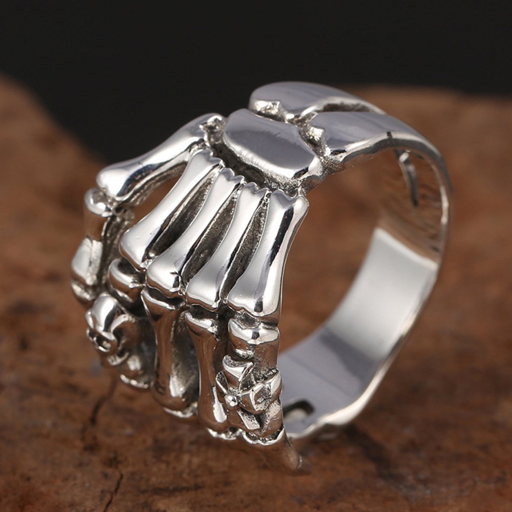 Men's Sterling Silver Skull Hand Ring - Jewelry1000.com